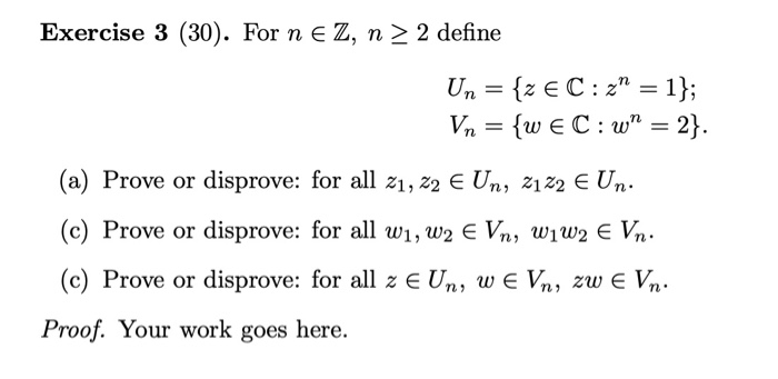 Solved Exercise 3 (30). For n ez, n > 2 define Un = {z E | Chegg.com