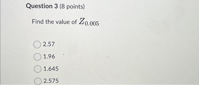 Solved Question 3 (8 points) Find the value of Z0.005 2.57 | Chegg.com