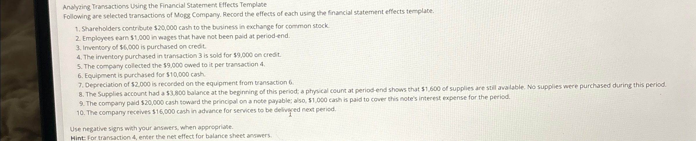 Solved Analyzing Transactions Using the Financial Statement | Chegg.com