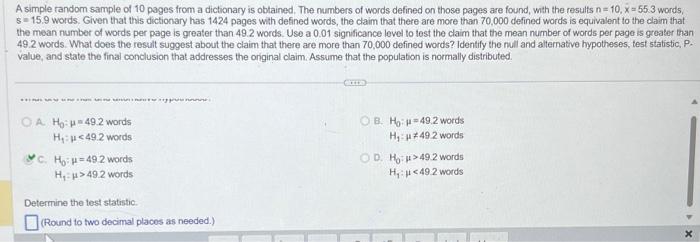 Solved A simple random sample of 10 pages from a dictionary | Chegg.com