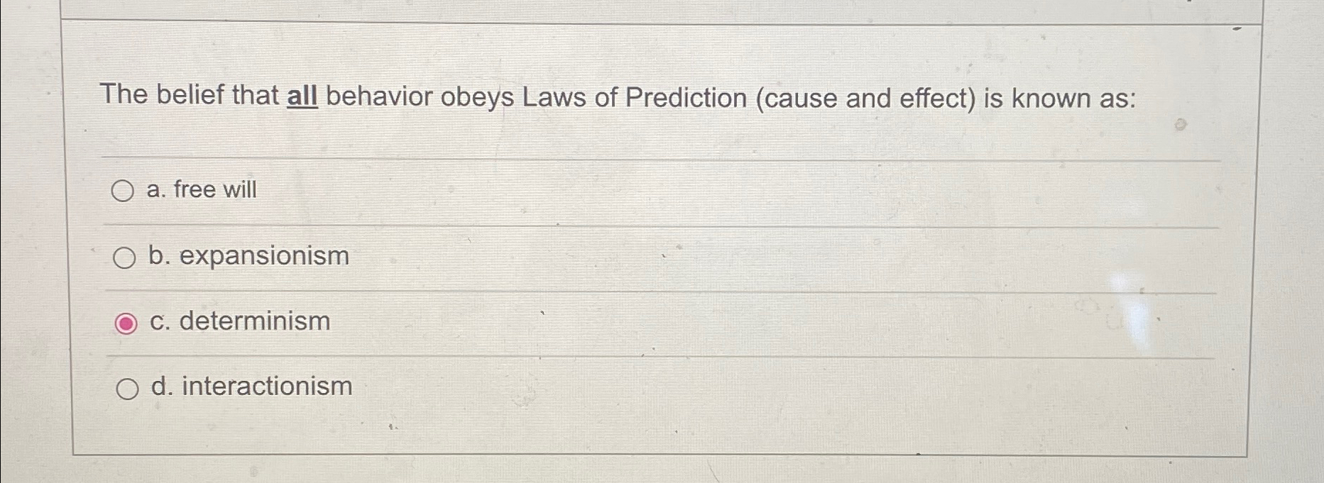 Solved The belief that all behavior obeys Laws of Prediction | Chegg.com