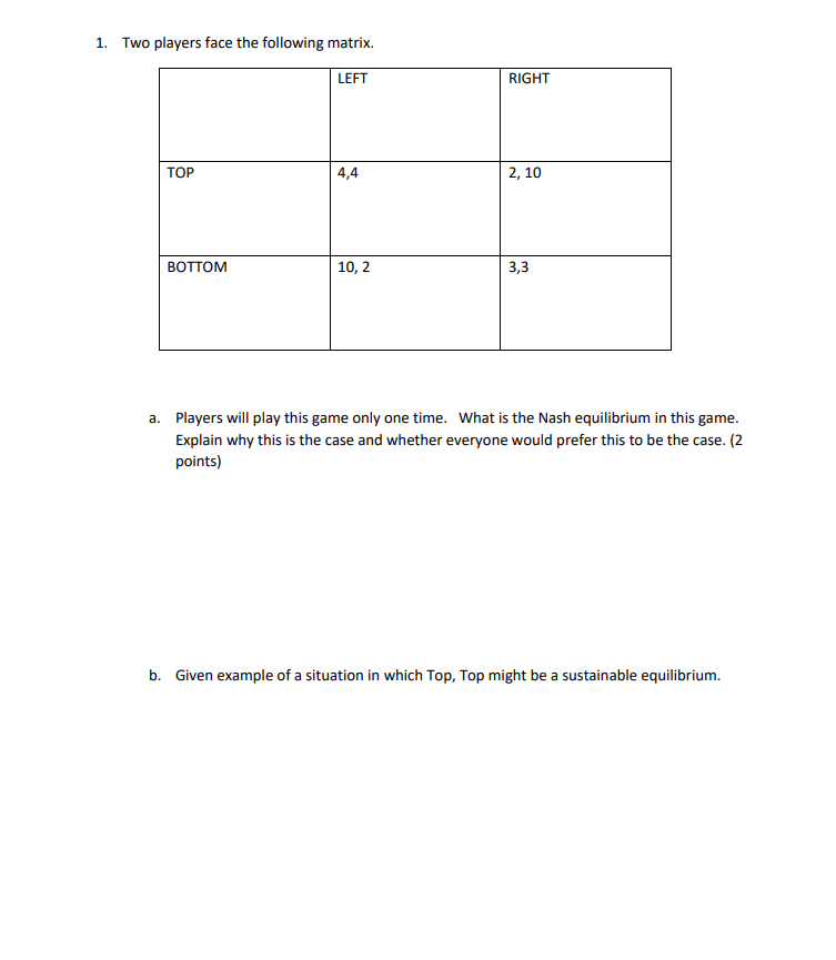 Solved Two players face the following matrix.a. ﻿Players | Chegg.com