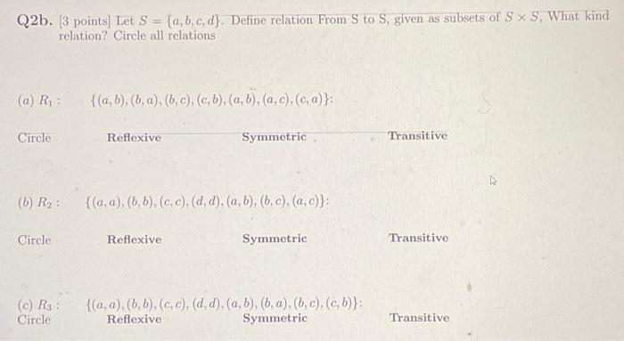 Solved Q2b. [3 points ] Let S={a,b,c,d}. Define relation | Chegg.com