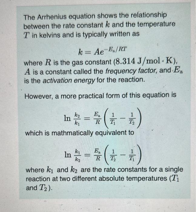 Solved The Arrhenius equation shows the relationship between | Chegg.com