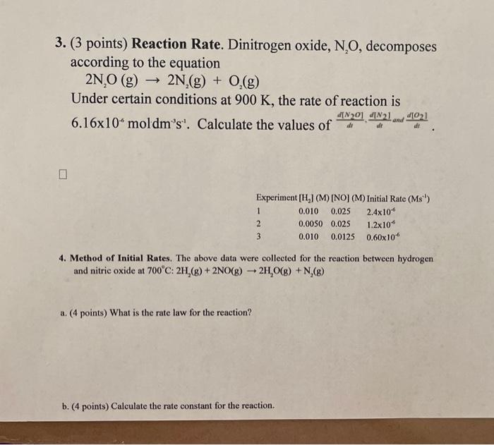 Solved 3. (3 points) Reaction Rate. Dinitrogen oxide, N2O, | Chegg.com