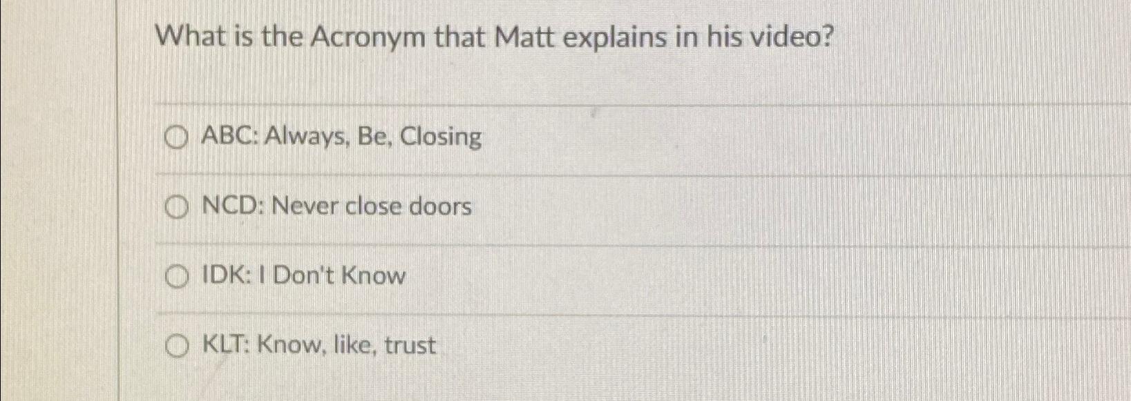 Solved What is the Acronym that Matt explains in his | Chegg.com