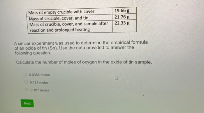 Solved Mass of empty crucible with cover Mass of crucible, | Chegg.com
