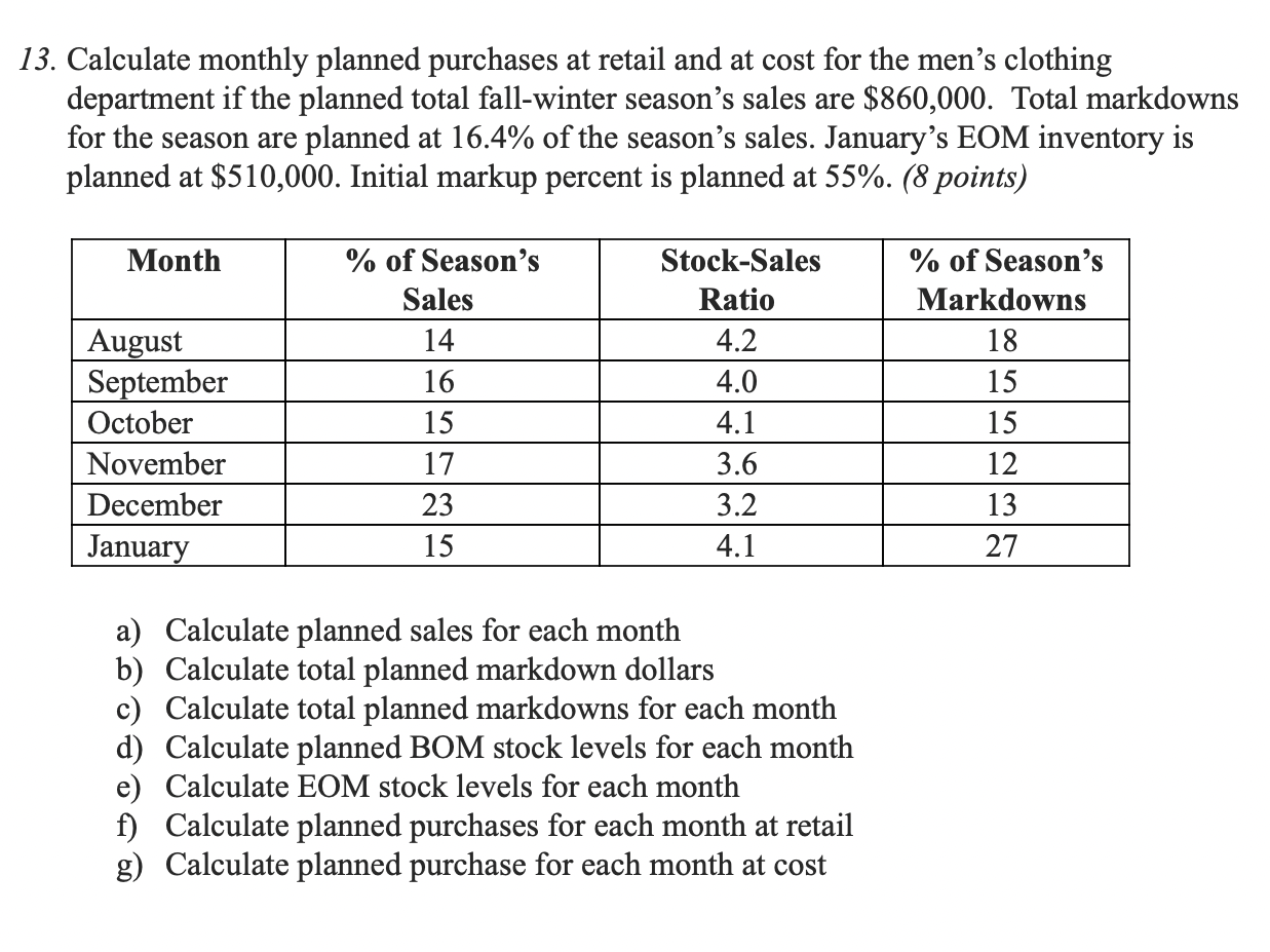 Solved 13. ﻿Calculate monthly planned purchases at retail | Chegg.com