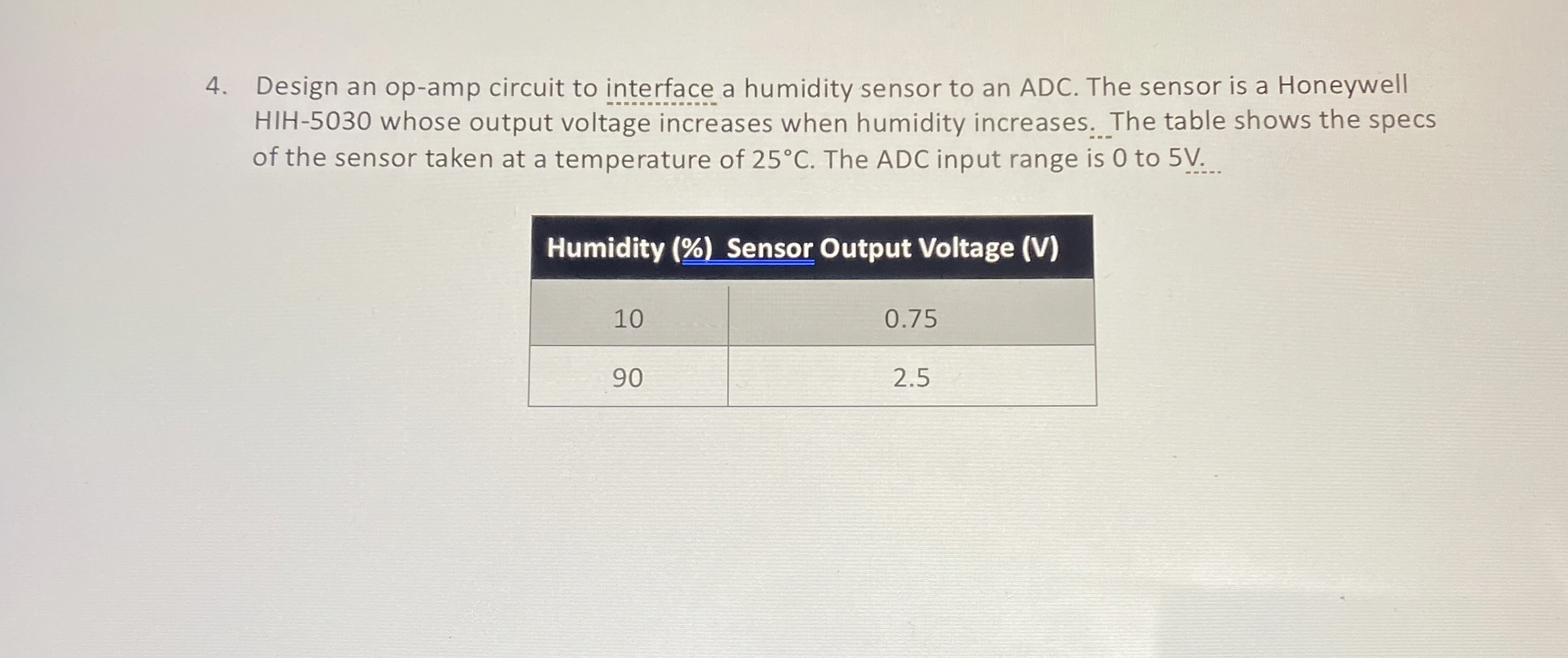 Solved Design an op-amp circuit to interface a humidity | Chegg.com