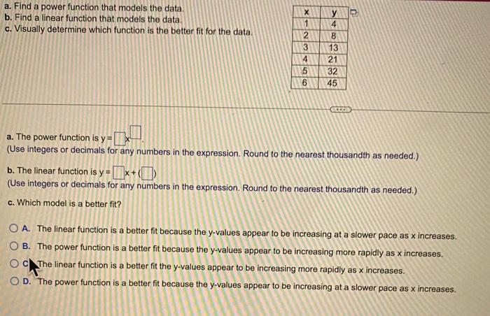 Solved a. Find a power function that models the data. b. | Chegg.com