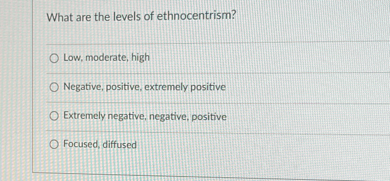 Solved What are the levels of ethnocentrism?Low, moderate, | Chegg.com