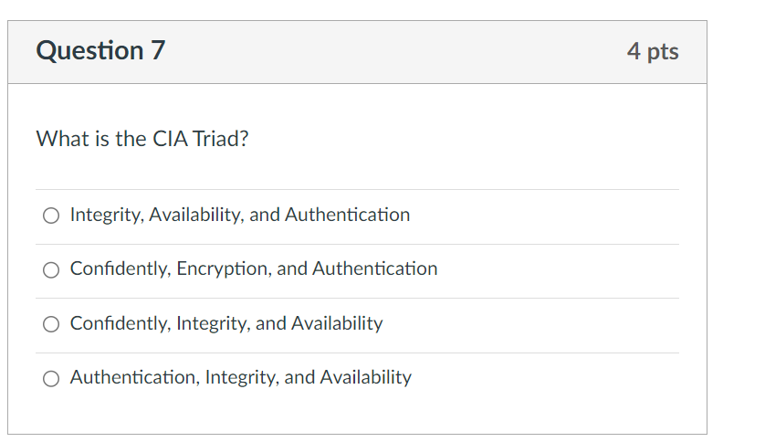 Solved Question 7What is the CIA Triad?Integrity, | Chegg.com