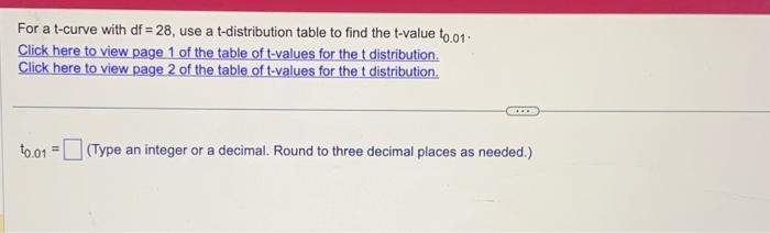 Solved For a t-curve with df=28, use a t-distribution table | Chegg.com