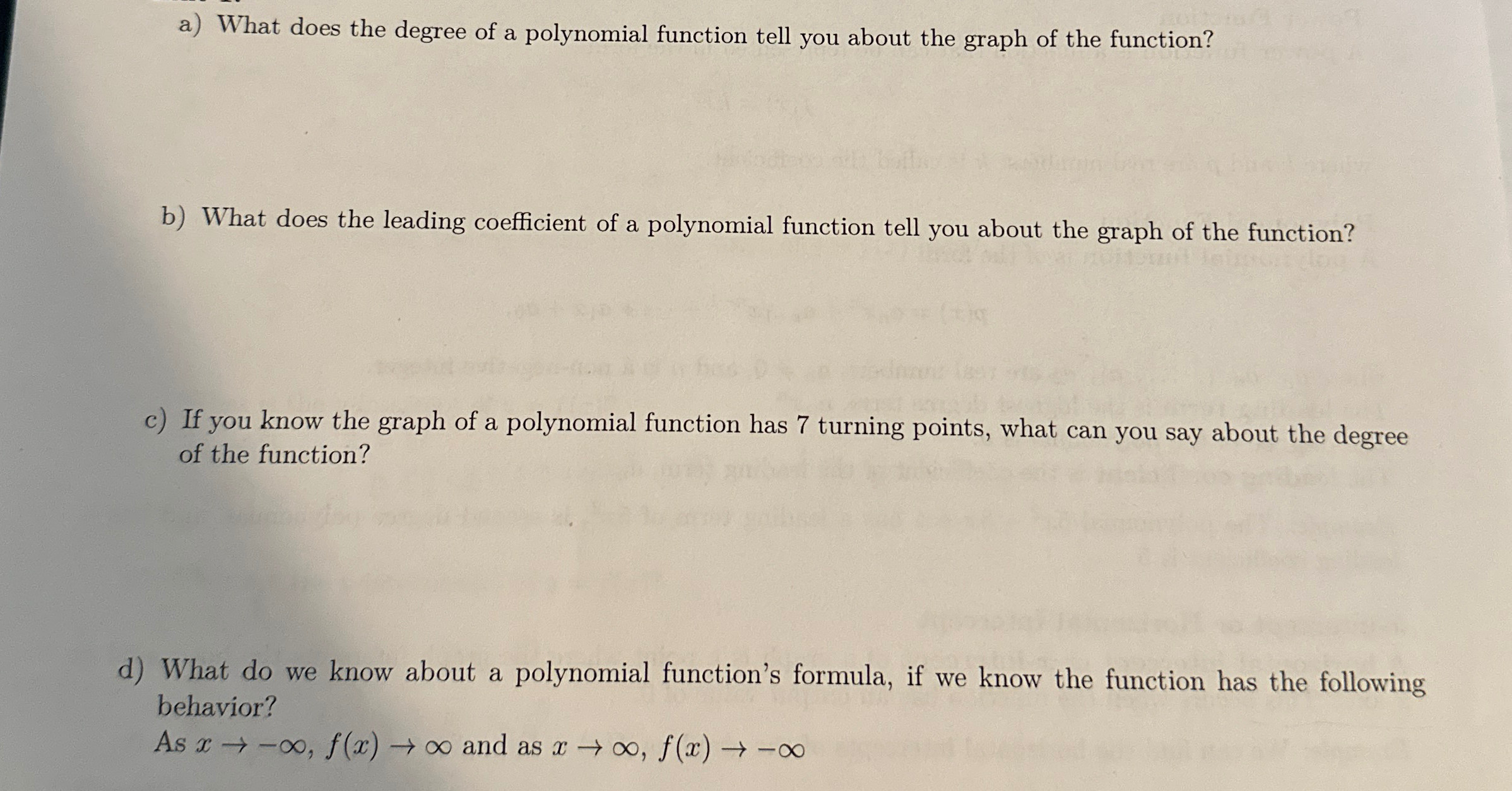 Solved a) ﻿What does the degree of a polynomial function | Chegg.com