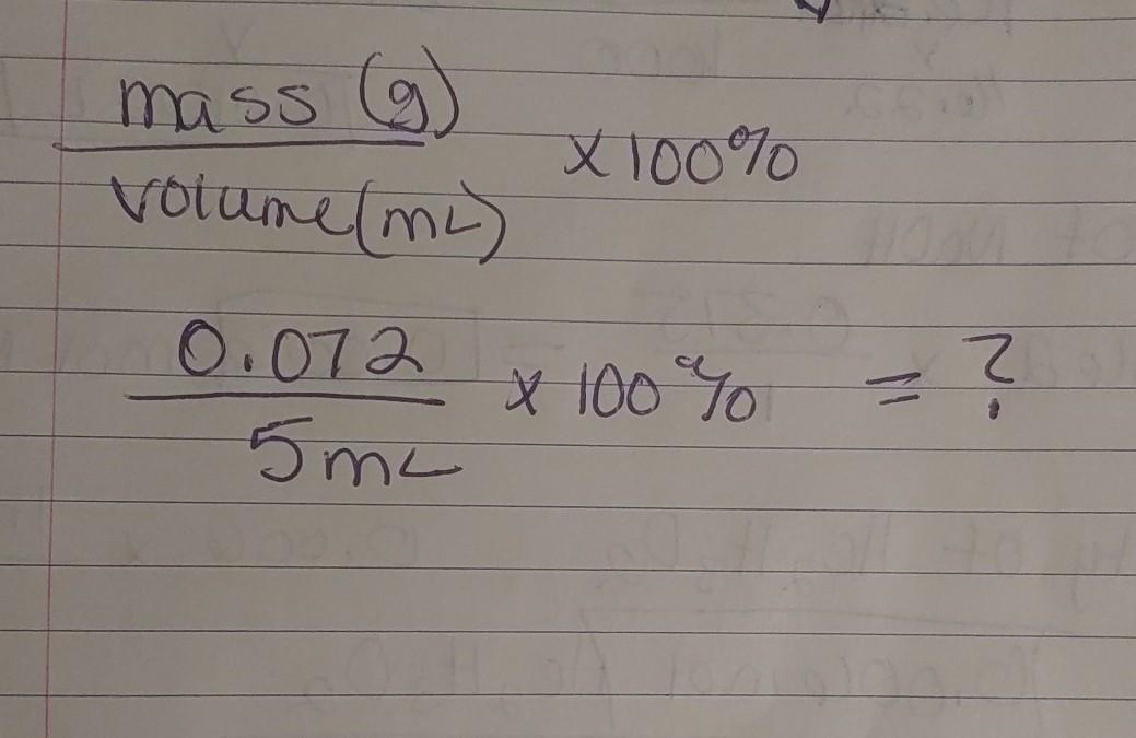 Solved mass (g) x 100% volume (m2) 2 0.072 5 m2 x 100 Yo | Chegg.com