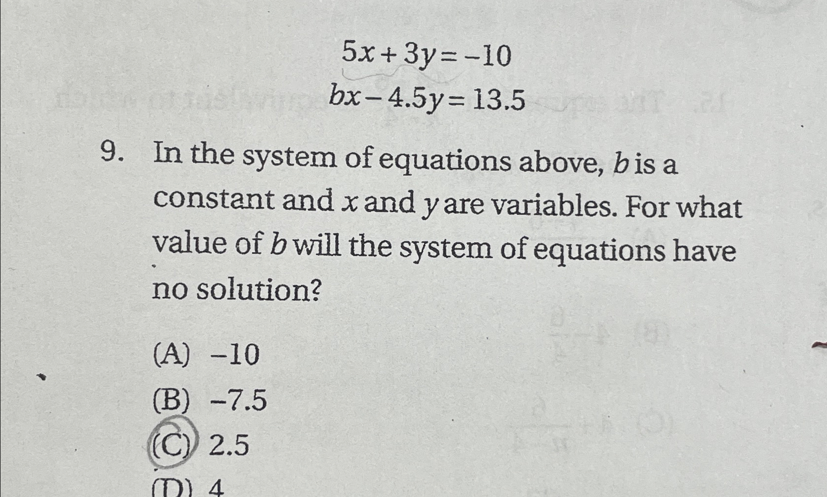 Solved 5x+3y=-10bx-4.5y=13.5In the system of equations | Chegg.com
