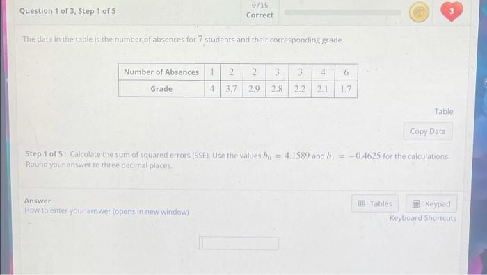 Solved Question 1 of 3, Step 1 of 5 8/15 Correct 3 The data | Chegg.com