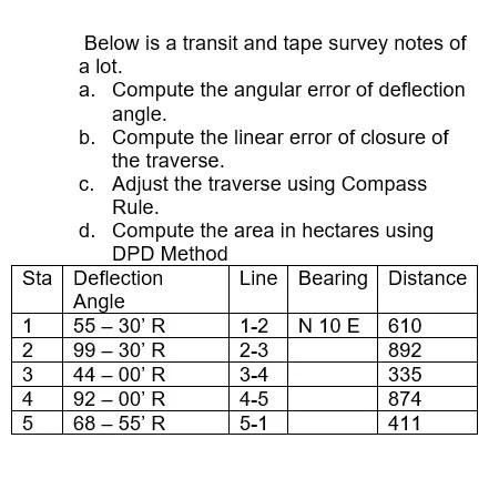 Solved Below is a transit and tape survey notes of a lot. a. | Chegg.com