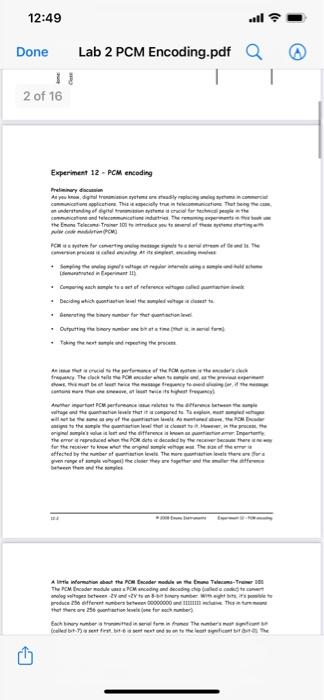 12:49 ج 11 Done Lab 2 PCM Encoding.pdf Q 2 of 16 | Chegg.com