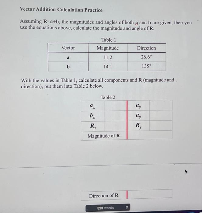 Solved Vector Addition Calculation Practice Assuming R=a+b, | Chegg.com