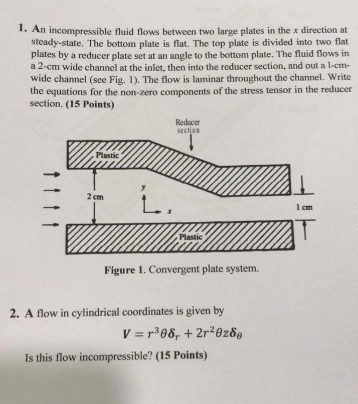 Solved 1. An incompressible fluid flows between two large | Chegg.com