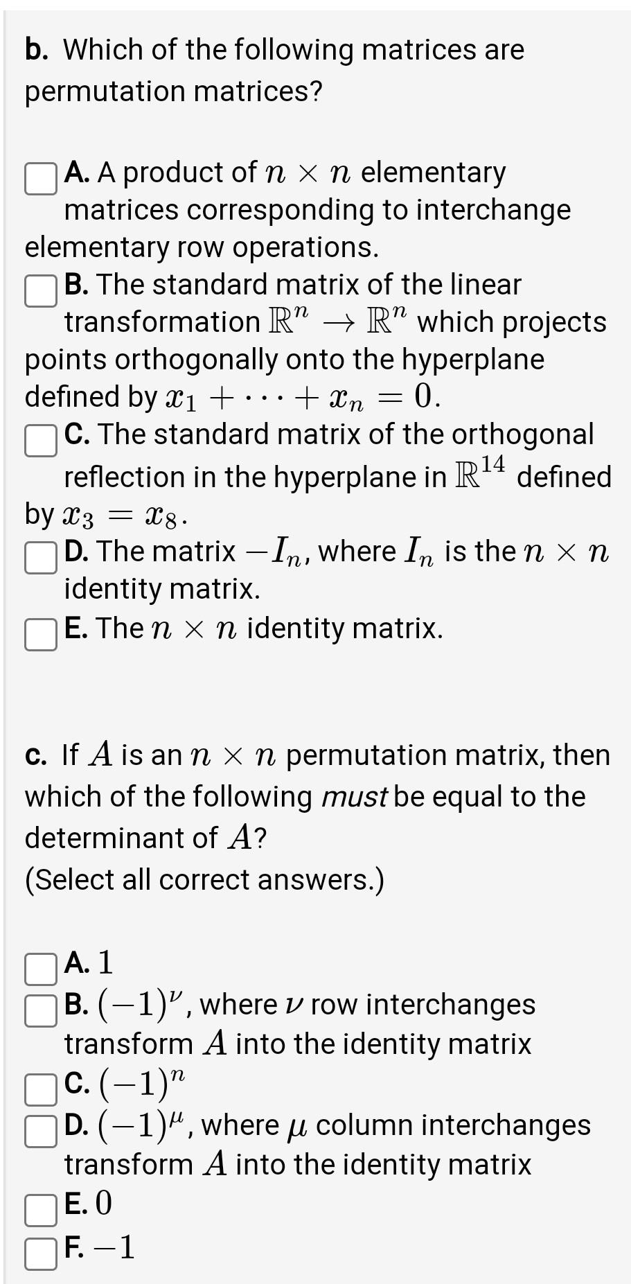 Solved b. Which of the following matrices are permutation | Chegg.com