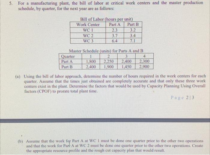 Solved 5. For a manufacturing plant, the bill of labor at | Chegg.com
