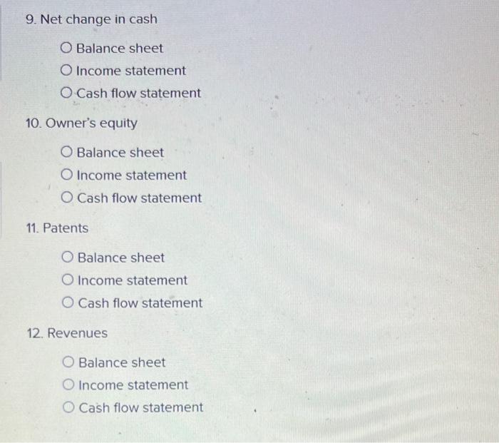 Solved 9. Net change in cash Balance sheet Income statement | Chegg.com