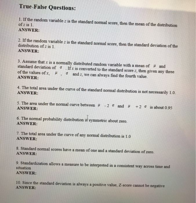 Solved True-False Questions: 1. If the random variable z is | Chegg.com