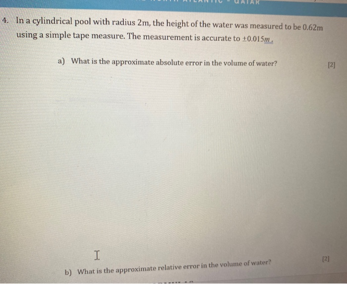 Solved 4. In a cylindrical pool with radius 2m, the height | Chegg.com