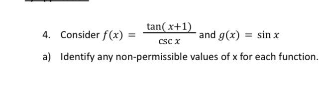 Solved 4. Consider f(x)=cscxtan(x+1) and g(x)=sinx a) | Chegg.com
