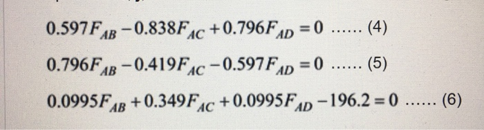 Solved ...... (4) 0.597 FAB -0.838FAC +0.796F Ad = 0 0.796F | Chegg.com