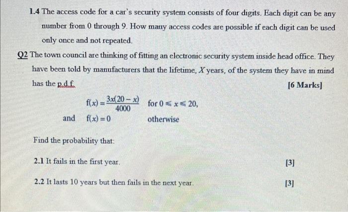 Solved 1.4 The access code for a car's security system | Chegg.com