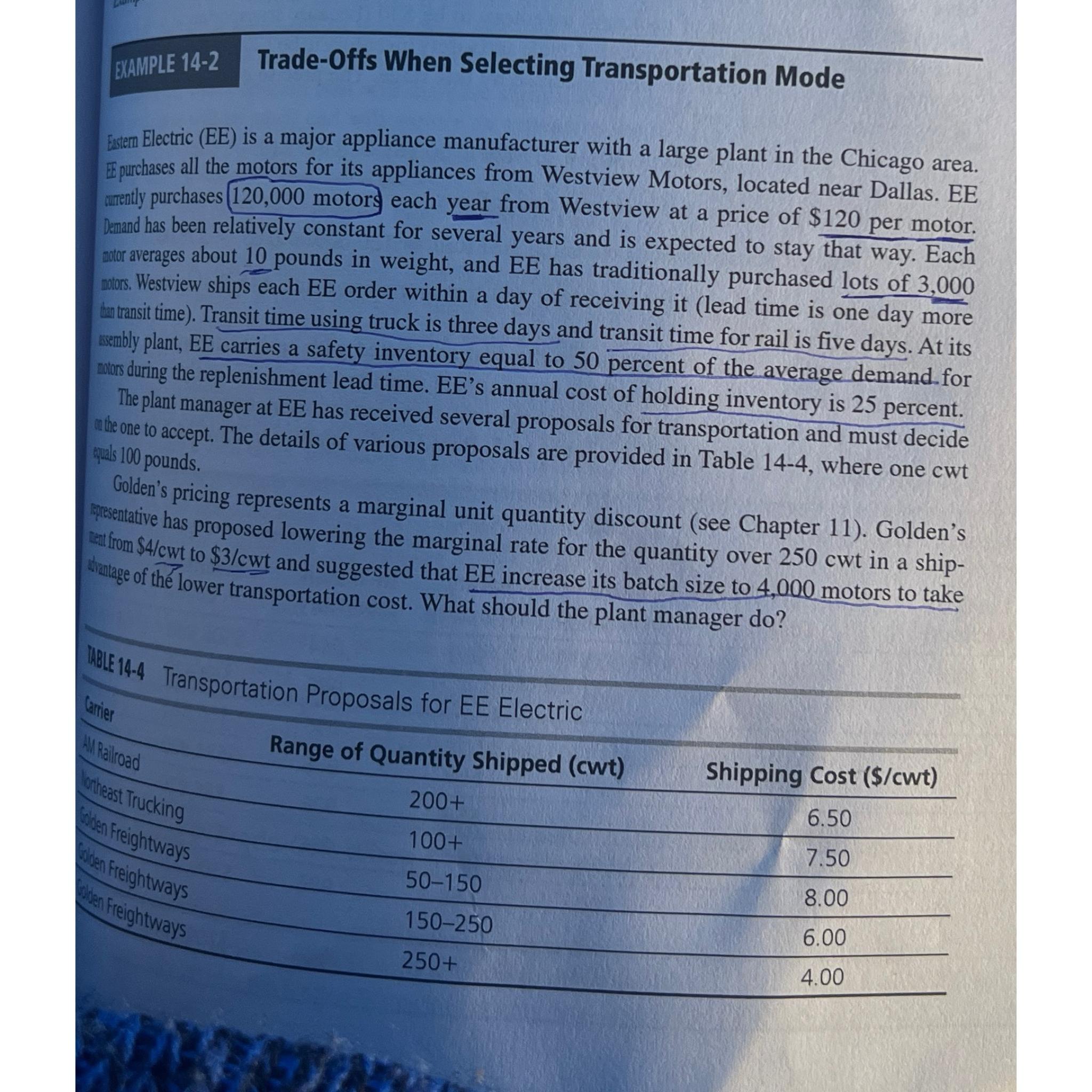 Solved EXAMPLE 14-2Trade-Offs When Selecting Transportation | Chegg.com