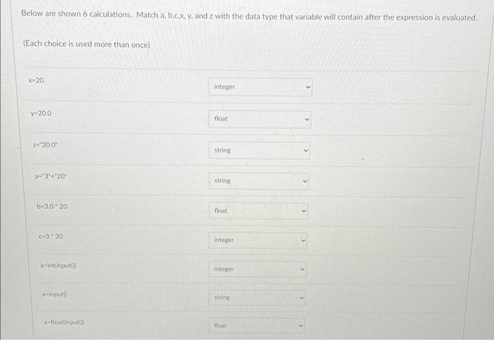 Solved Below are shown 6 calculations. Match a, b,c,x,y, and | Chegg.com