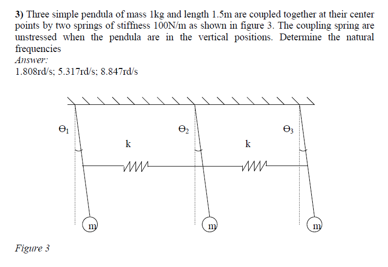 Solved Three simple pendula of mass 1kg ﻿and length 1.5m | Chegg.com