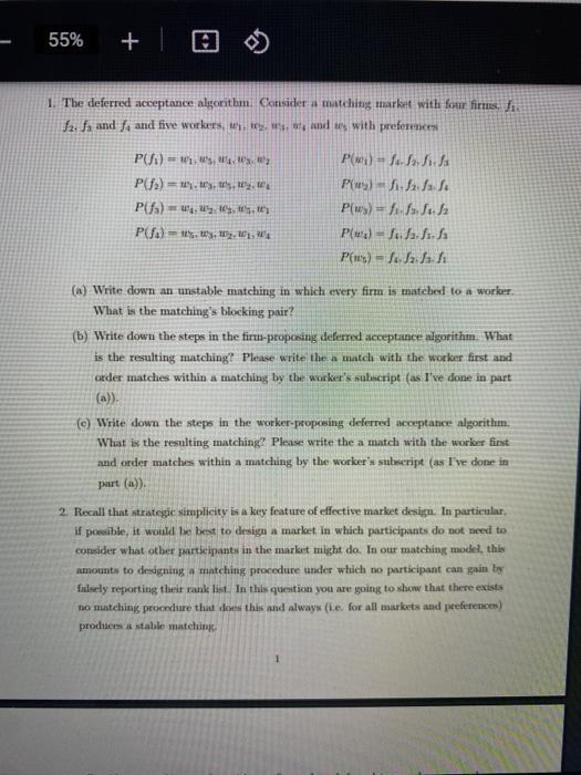 55% + 1. The deferred acceptance algorithm. Consider | Chegg.com