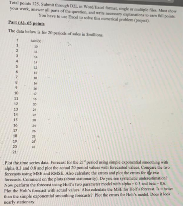 Solved Total points 125. Submit through D2L in Word/Excel | Chegg.com
