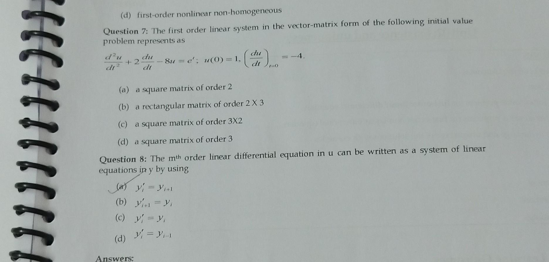 Solved (d) first-order nonlinear non-homogeneous Question 7: | Chegg.com