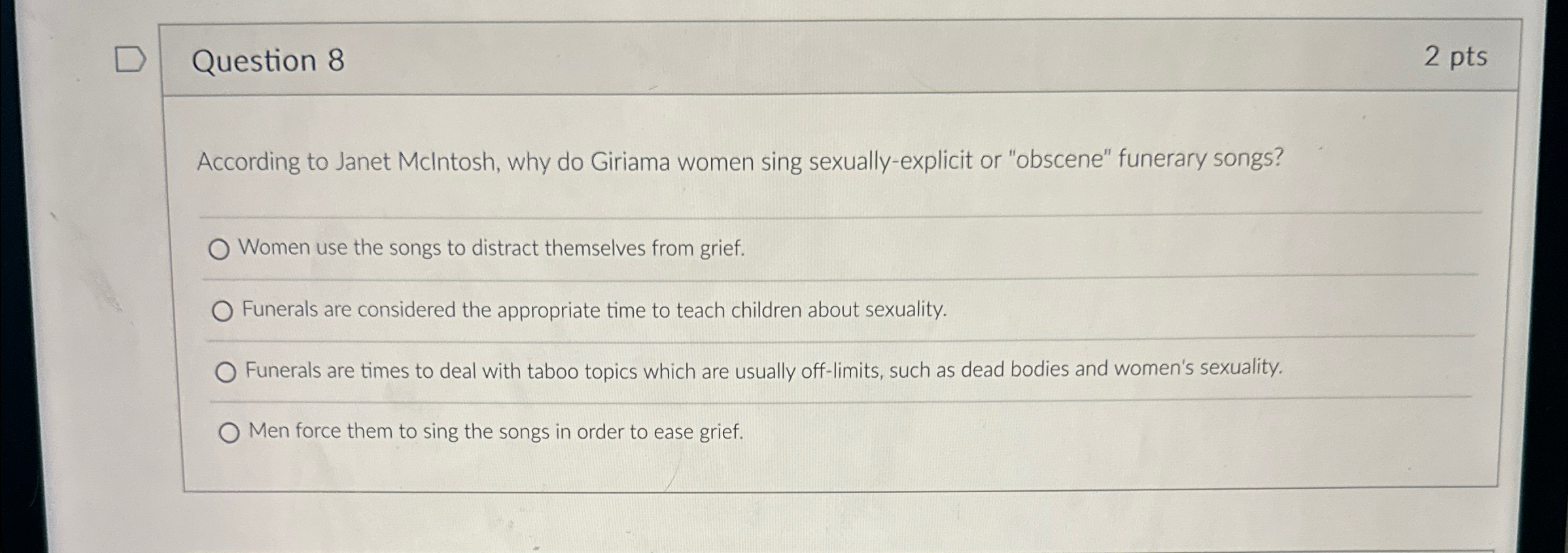 Solved Question 82 ﻿ptsAccording to Janet McIntosh, why do | Chegg.com