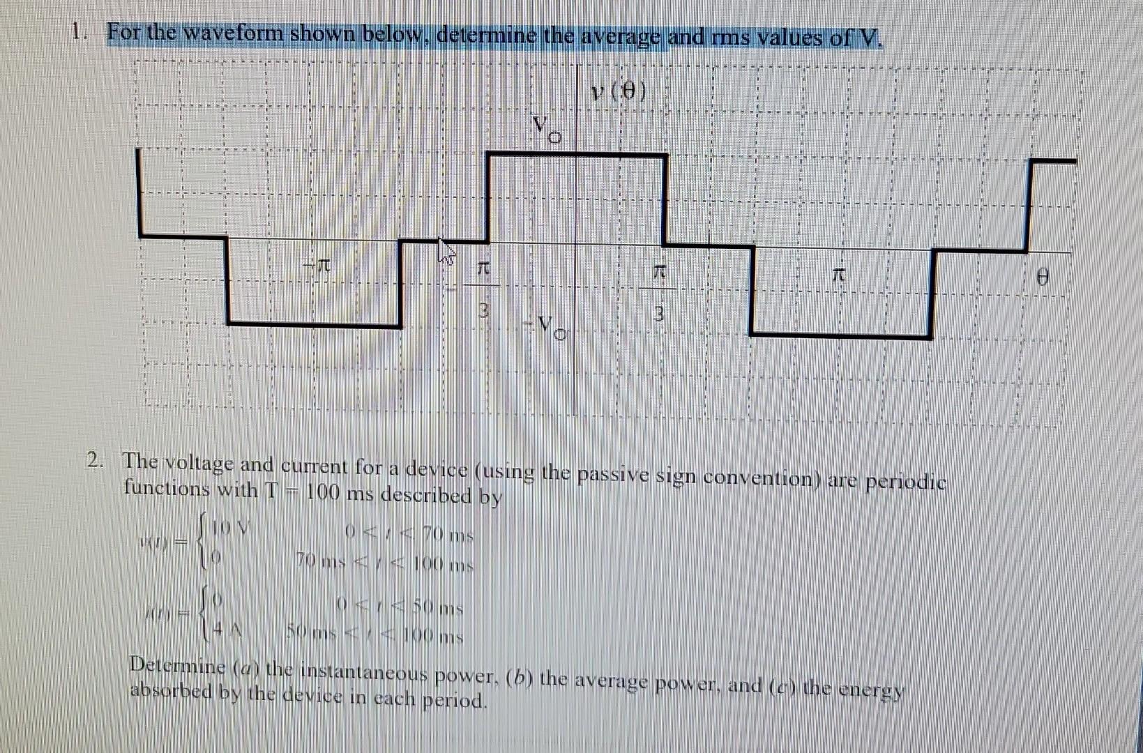 Solved For the waveform shown below, determine the average | Chegg.com