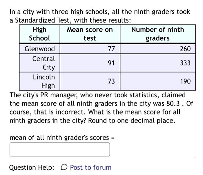 Solved In a city with three high schools, all the ninth | Chegg.com