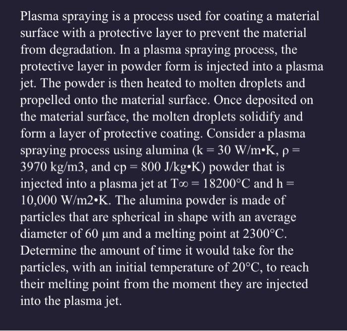 Solved Plasma spraying is a process used for coating a | Chegg.com