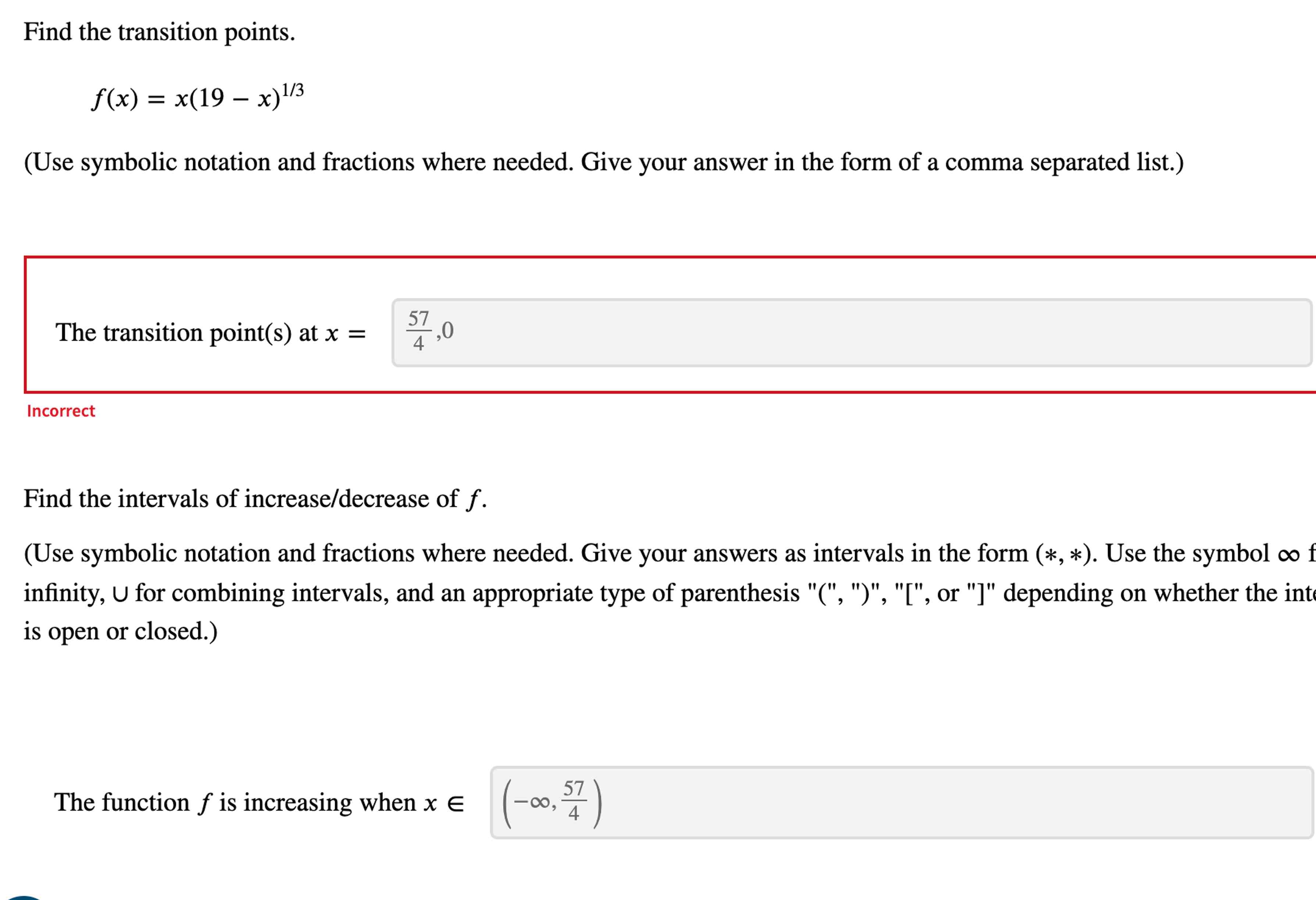 Solved Find the transition points.f(x)=x(19-x)13(Use | Chegg.com