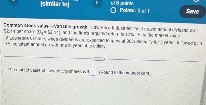 Solved Common stock value - Variable growth Lawrence | Chegg.com