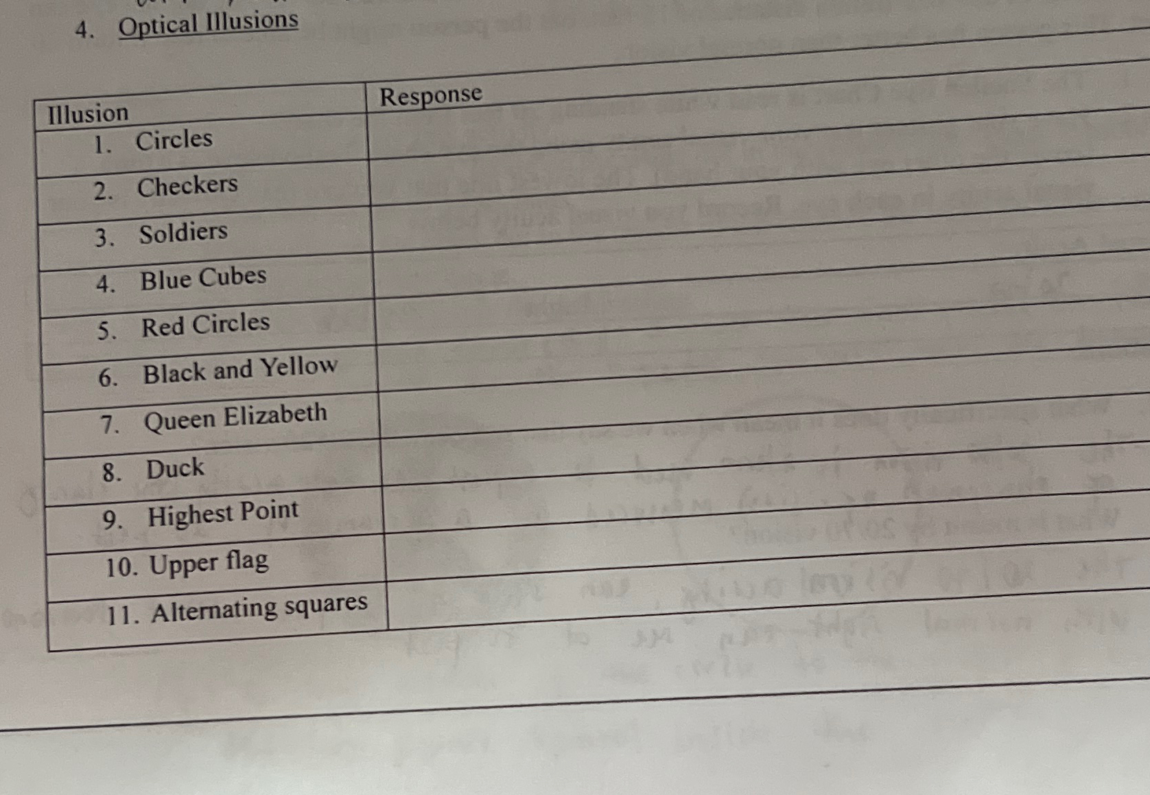 Solved Optical Illusions\table[[Illusion,Response],[1. | Chegg.com