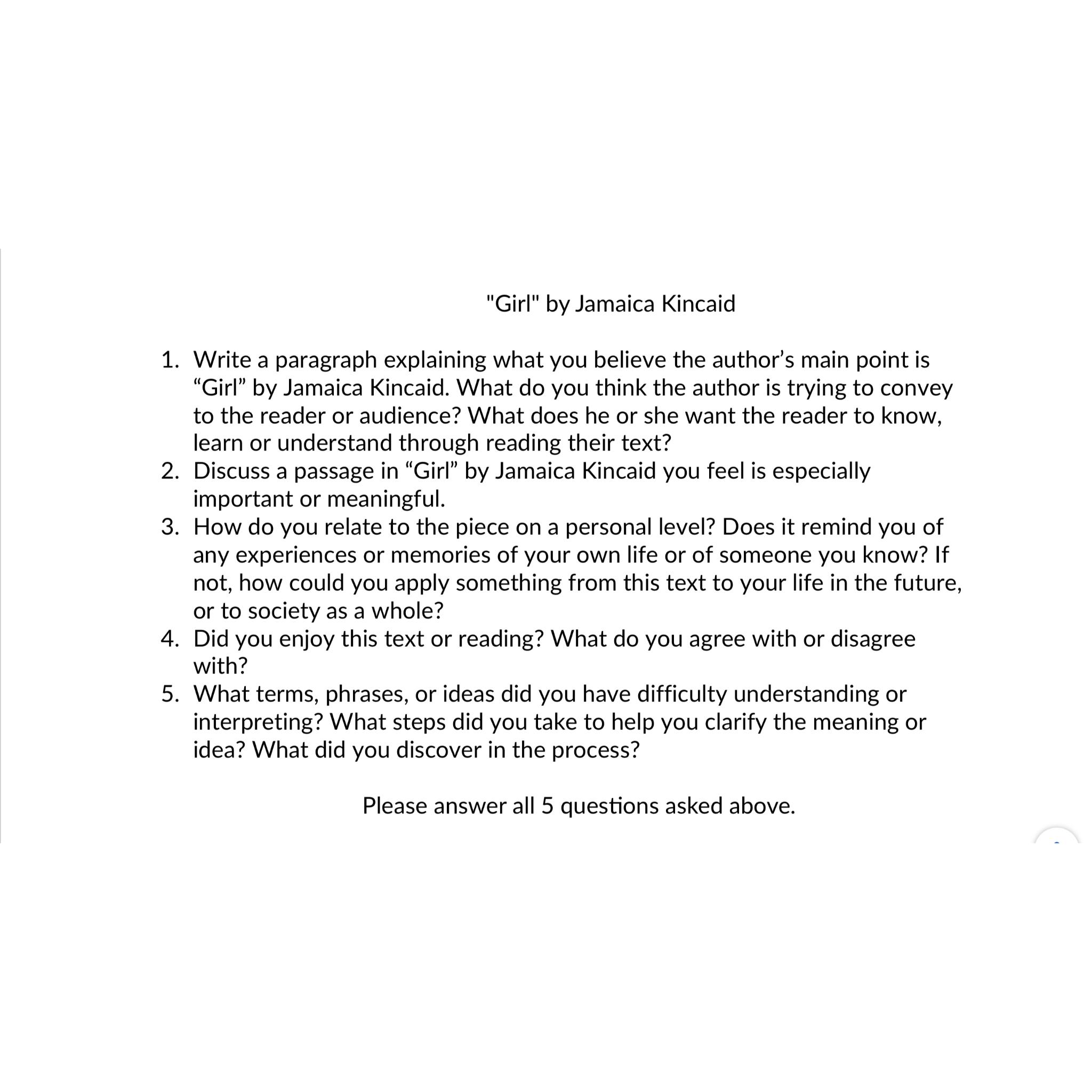 Solved "Girl" by Jamaica KincaidWrite a paragraph explaining | Chegg.com