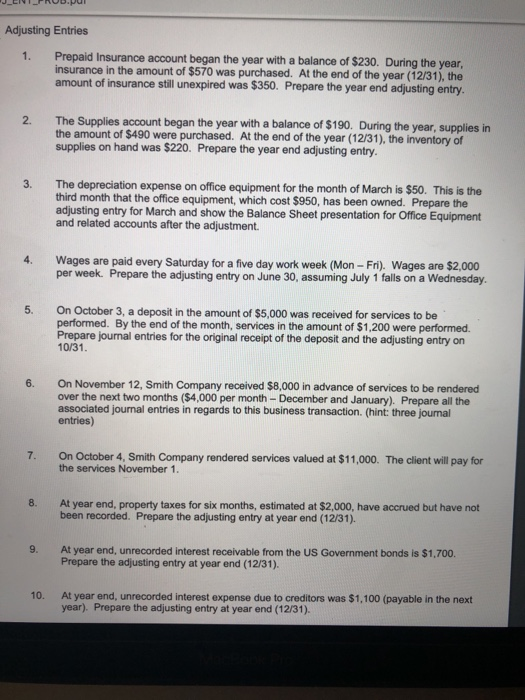 Solved Adjusting Entries Prepaid Insurance account began the | Chegg.com