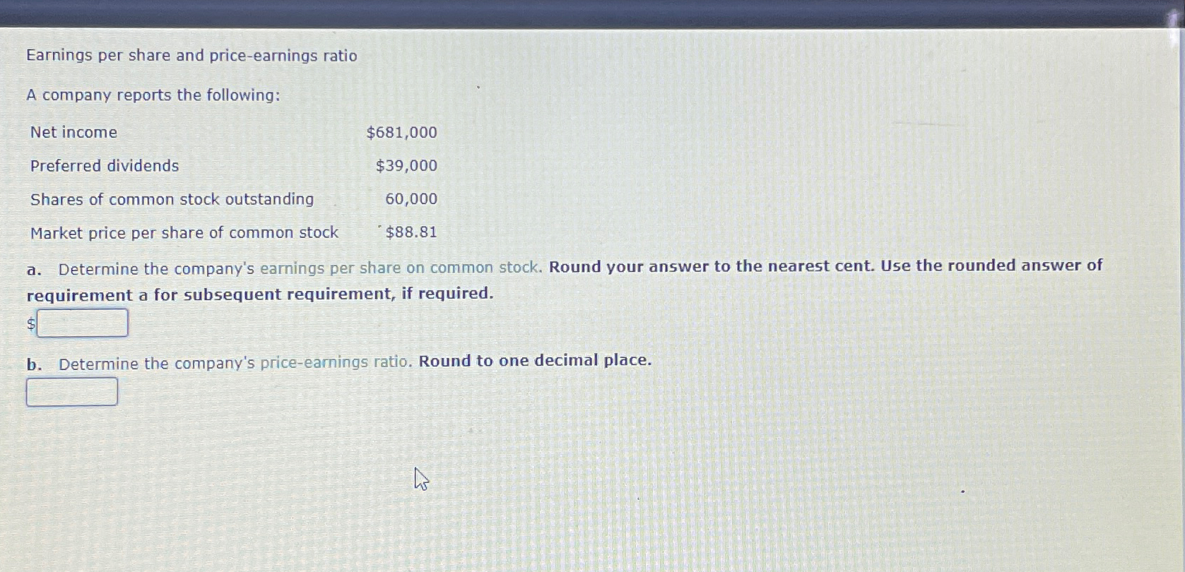 Solved Earnings per share and price-earnings ratioA company | Chegg.com