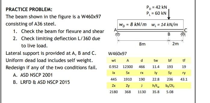 Solved Po = 42 kN PL = 60 KN = Wp = 8 kN/m w = 14 kN/m C B N | Chegg.com